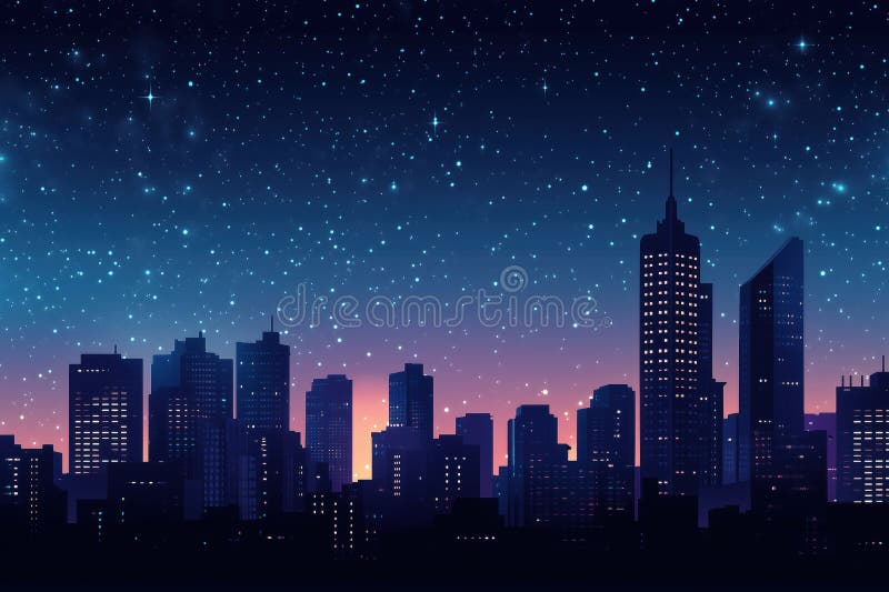 City Skyline at Night with Stars and Gradient Sky Stock Image - Image ...