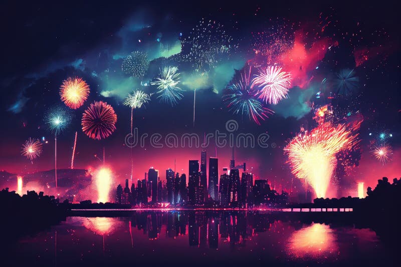City Skyline at Night, with View of Fireworks Exploding in the Sky ...