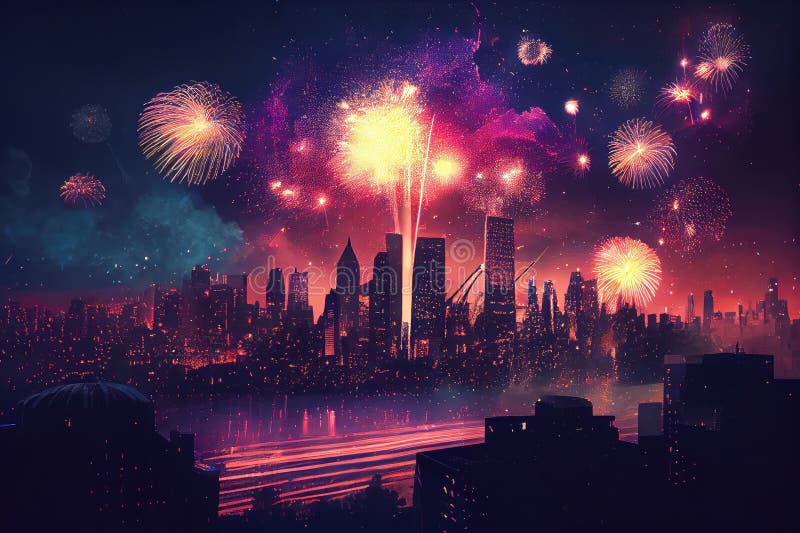 City Skyline at Night, with View of Fireworks Exploding in the Sky ...