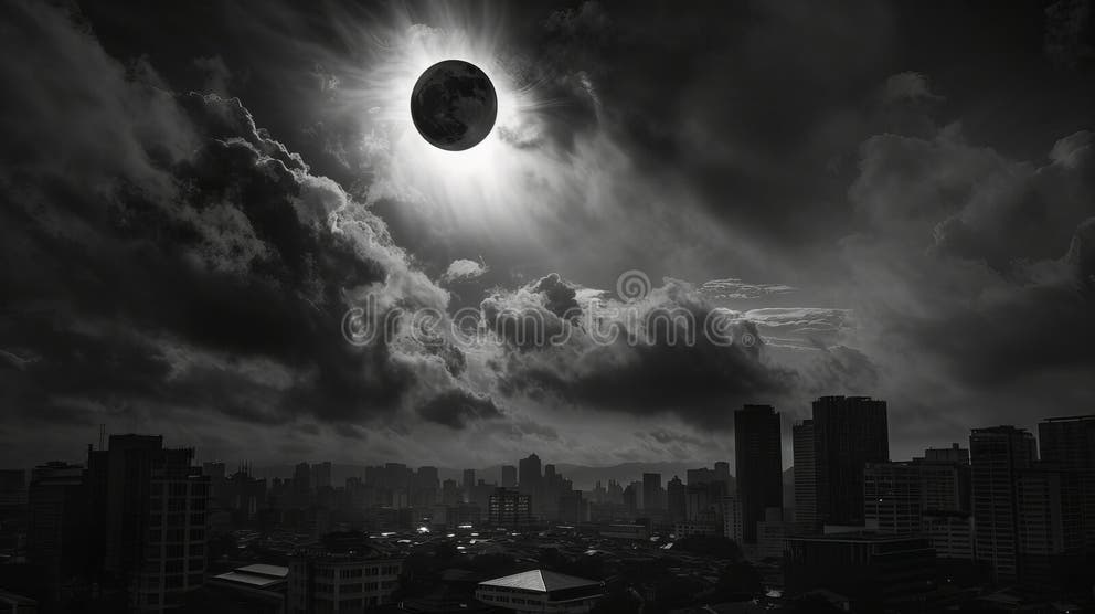 City Skyline during a Partial Solar Eclipse Stock Illustration ...