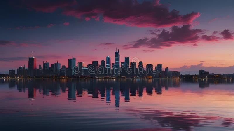 City Skyline with a Pink and Blue Twilight Sky Reflecting on the Water ...