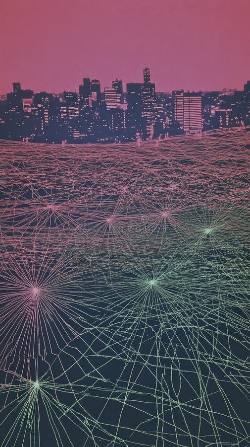 City Skyline with Pink Sky and Green Network Lines Stock Illustration ...