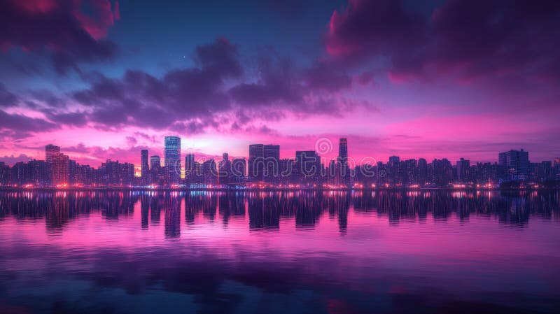 City Skyline Reflected in Pink Sunset Water Stock Illustration ...