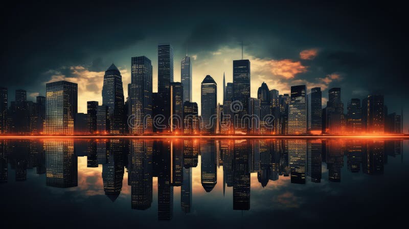 City Skyline Reflection in Water Stock Illustration - Illustration of ...