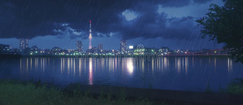 A City Skyline Scene during an Evening Rainstorm, with Dark Clouds As ...