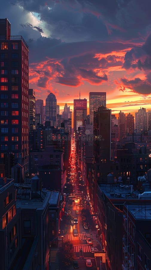 City Skyline Shadows at Sunset Stock Illustration - Illustration of ...