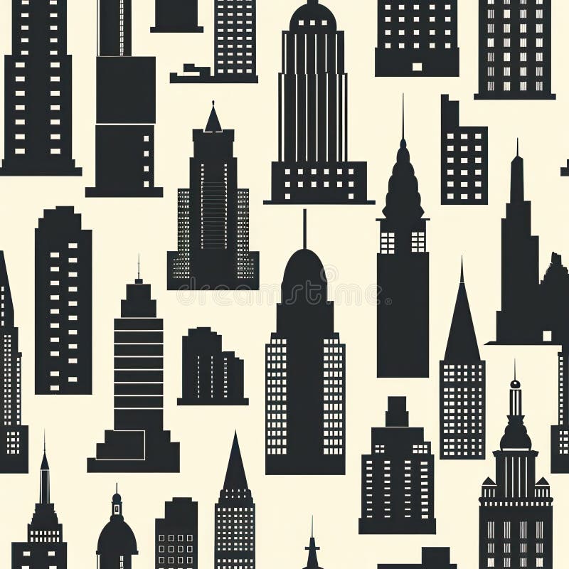 City Skyline Silhouette Pattern Featuring Diverse Architectural Styles ...