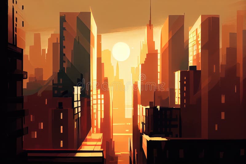 City Skyline, with Sun Setting Behind the Buildings, Providing Warm ...