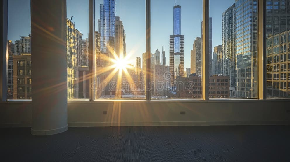 City Skyline with Sunburst Framed by Office Glass Stock Illustration ...