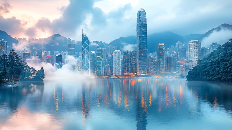 City Skyline Sunrise, Harbor Mist, Mountains, Reflection Stock Photo ...