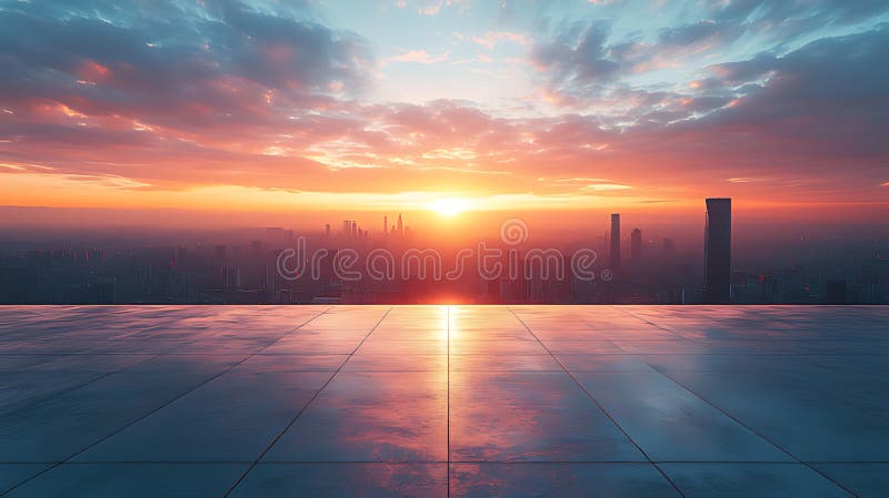 City Skyline Sunrise Reflecting on Empty Rooftop Stock Illustration ...