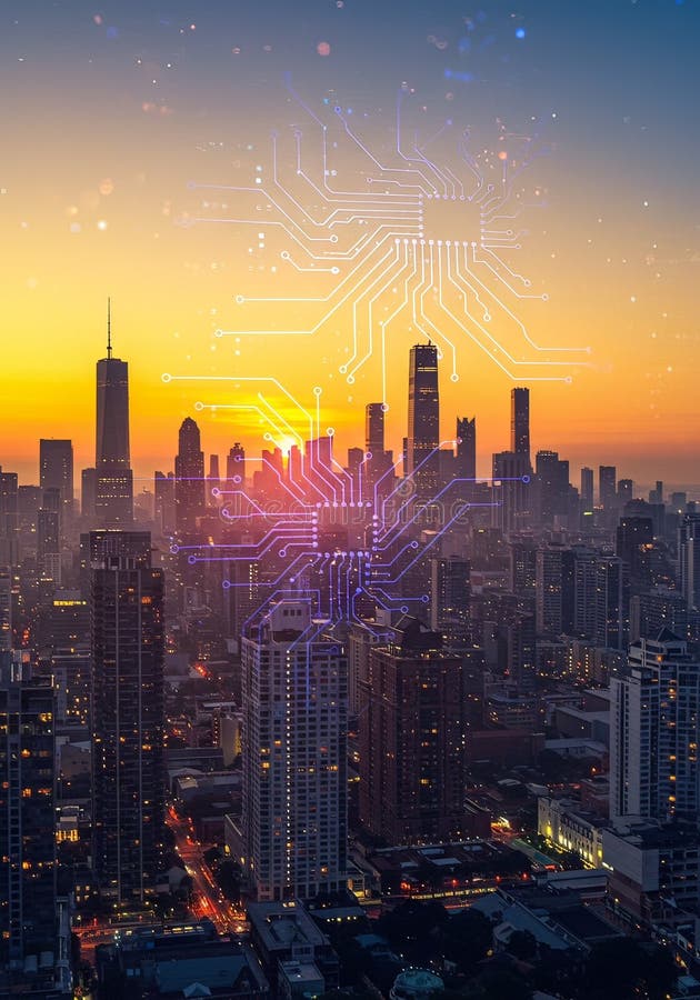 City Skyline at Sunset with Circuit Board Overlay Stock Illustration ...