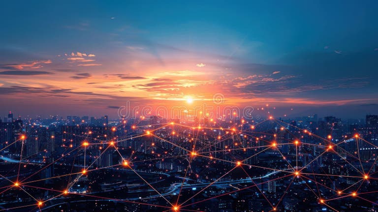 A City Skyline at Sunset with a Network Overlay Representing ...