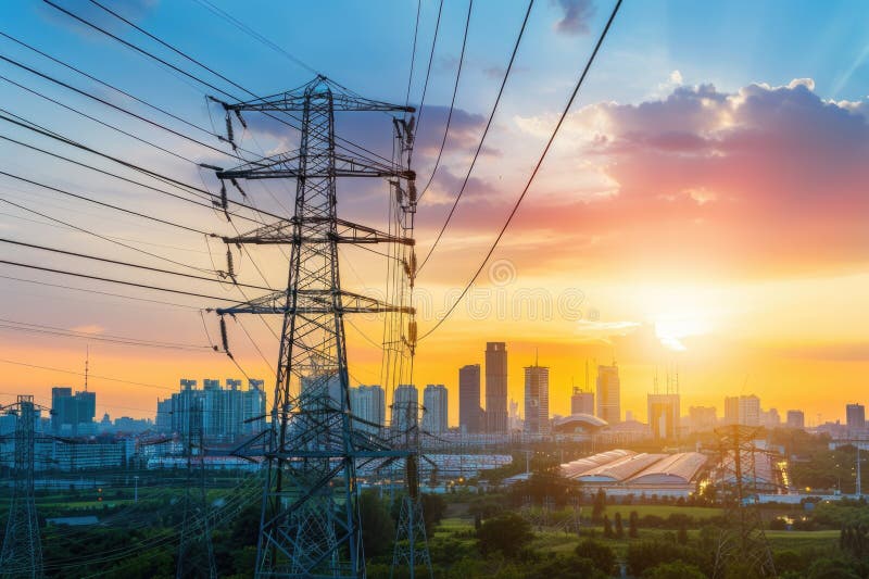 A City Skyline at Sunset with Power Lines and Buildings in the ...