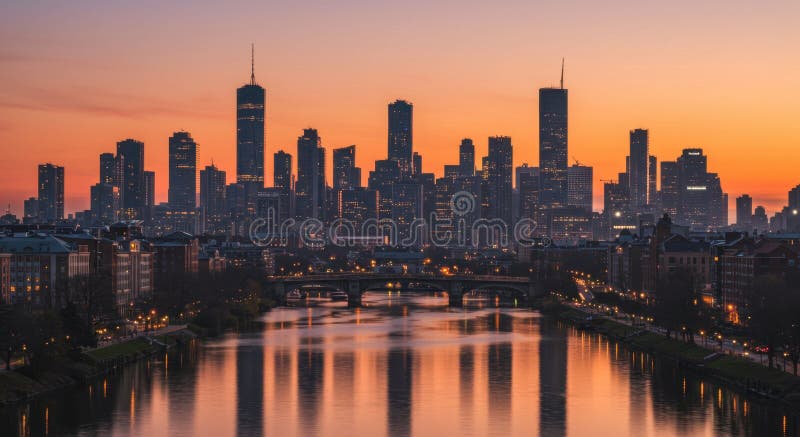 City Skyline at Sunset with River Reflection Stock Illustration ...