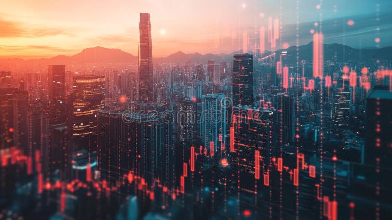 City Skyline at Sunset Showcasing Financial Data Visualization and ...