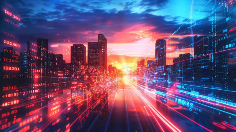 City Skyline at Sunset is Superimposed with Glowing Digital Binary Code ...