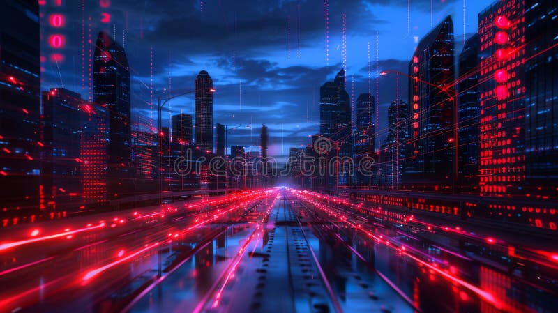 City Skyline at Sunset is Superimposed with Glowing Digital Binary Code ...