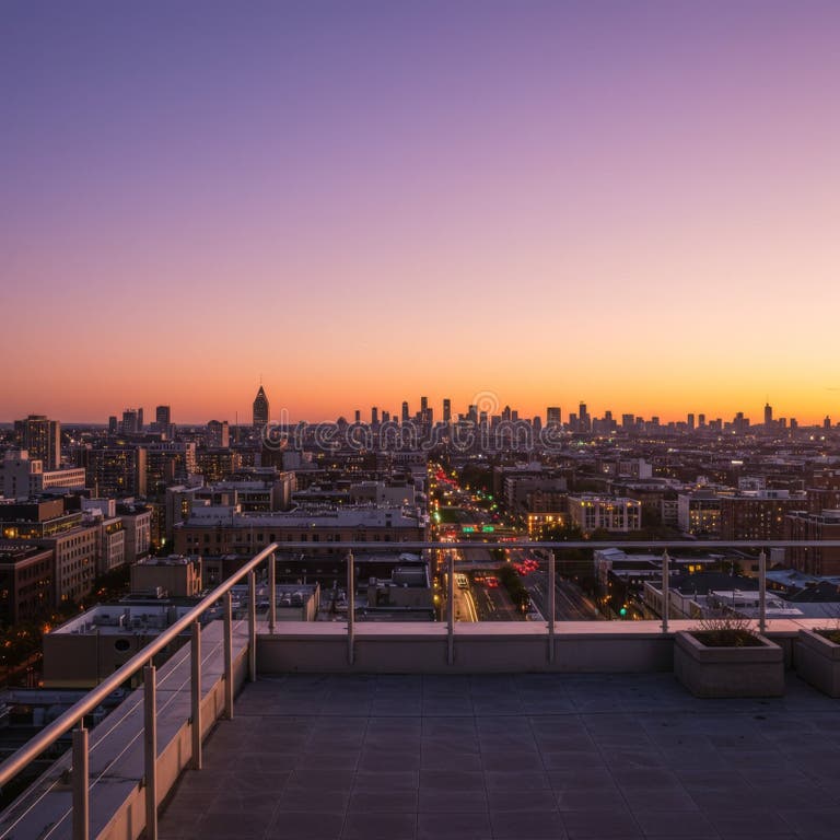 City Skyline Sunset View from Rooftop Stock Illustration - Illustration ...