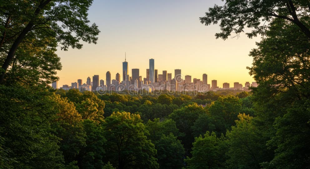 City Skyline Sunset View through Trees Stock Illustration ...