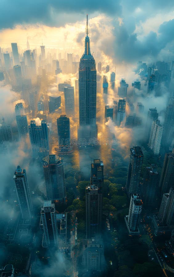 A City Skyline with a Tall Building in the Middle. the Sky is Cloudy ...