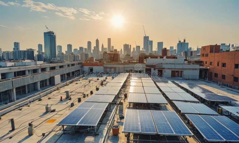 City Skyline with Tall Buildings and Sunlit Rooftop Installation Solar ...