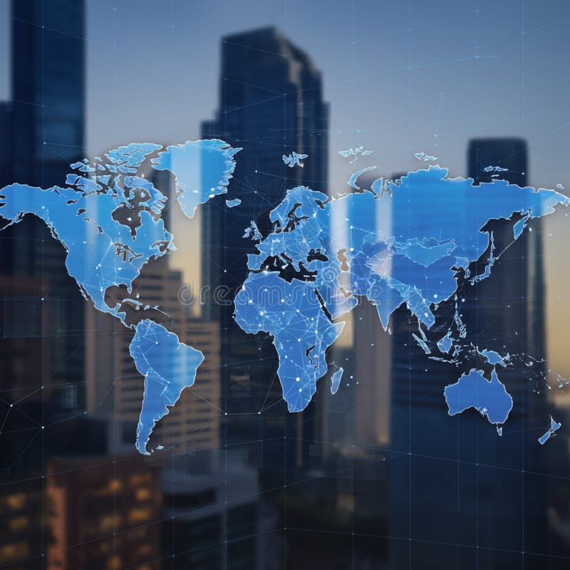 City Skyline and Transparent Digital Globe Highlight Global ...