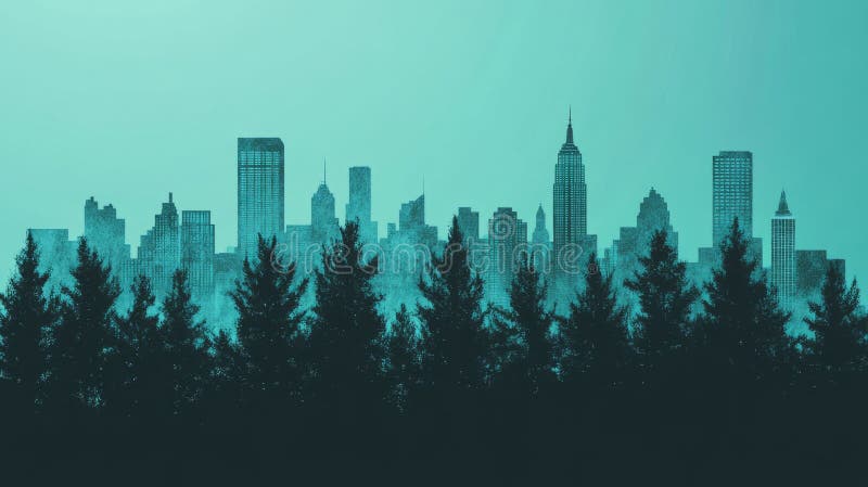 City Skyline and Tree Line Silhouette on Teal Background Stock ...