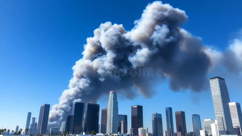 City Skyline Under Smoke Plume a Large Plume of Smoke Rises Over a City ...