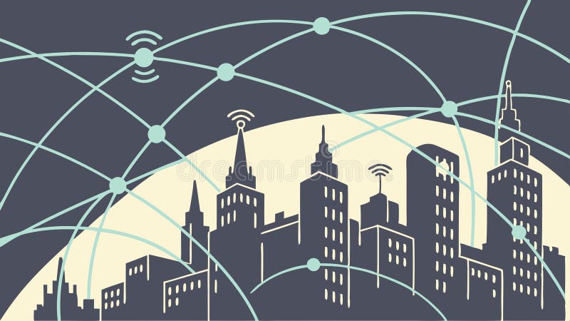 City Skyline Vector Art with Abstract Network Connectivity Overlay ...