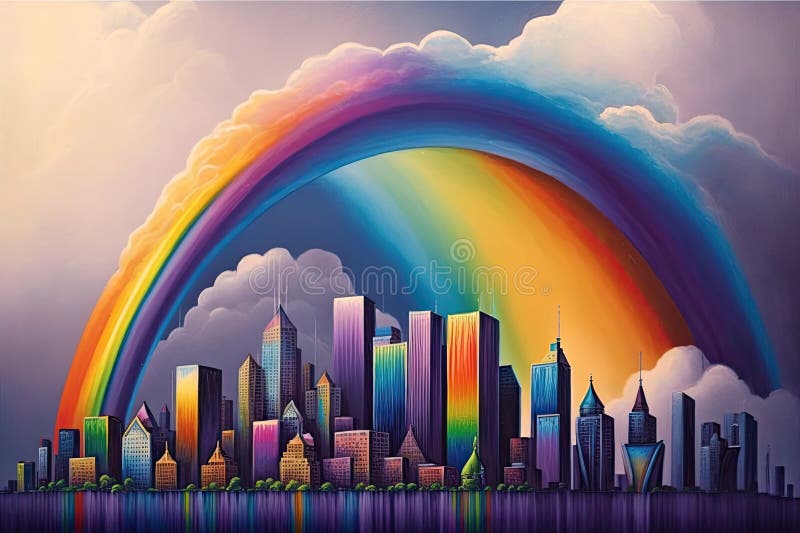 City Skyline with Vibrant Rainbow, Bringing Hope and Inspiration Stock ...