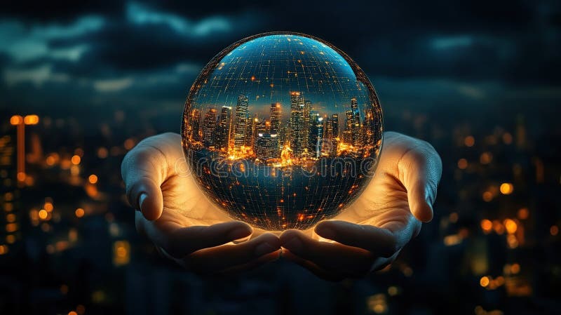 City Sphere Held in Hands, Night Cityscape Backdrop, Futuristic Concept ...