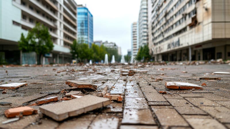City Square Aftermath: Earthquake Devastation with Scattered Debris and ...