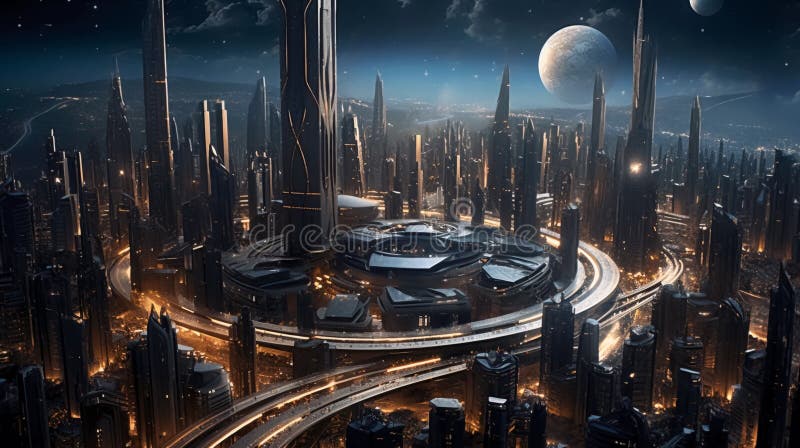 City in the Stars, with Soaring Structures Stock Illustration ...