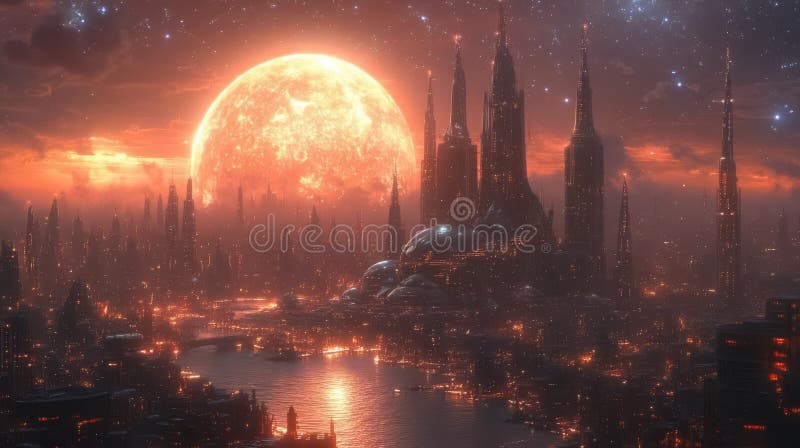 City in the Stars, with Soaring Structures Stock Illustration ...