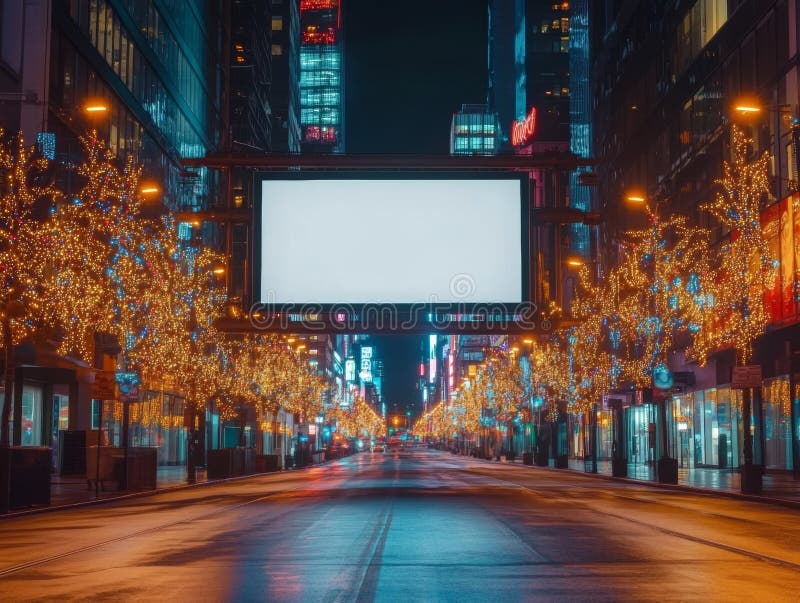 A Quiet City Street Illuminated by Festive Christmas Lights and a Blank ... A Quiet City Street Illuminated by Festive Christmas Lights and a Blank ...