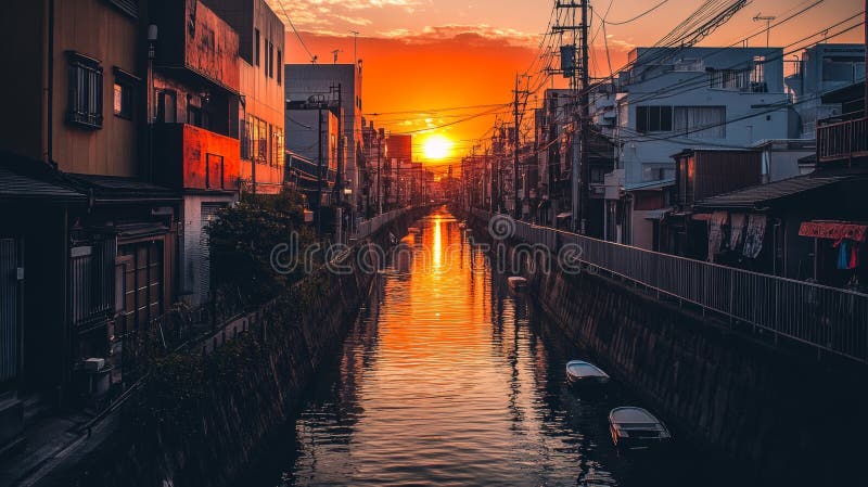 A City Street Alongside a River, with a Red Sun Shining Above. Stock ...