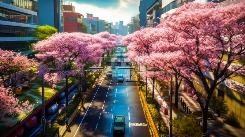 City Street with Cherry Blossoms on the Trees. Generative AI Stock ...