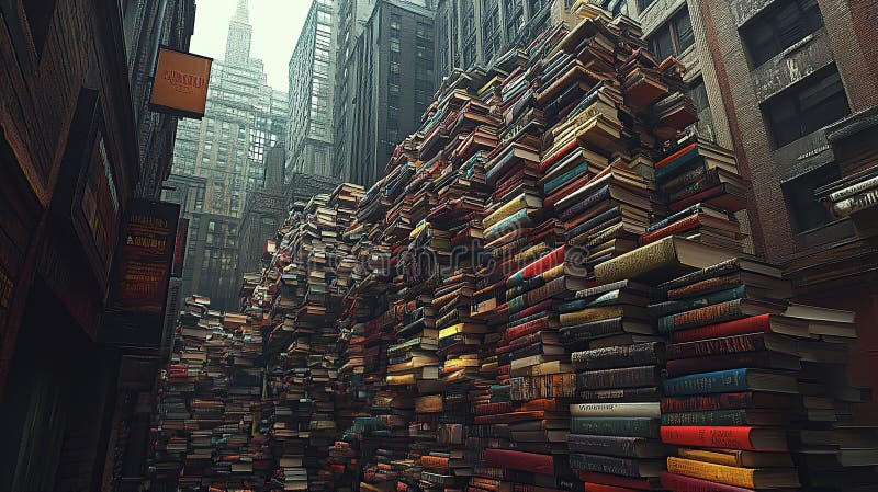 A City Street Choked by Towering Stacks of Books Stock Illustration ...