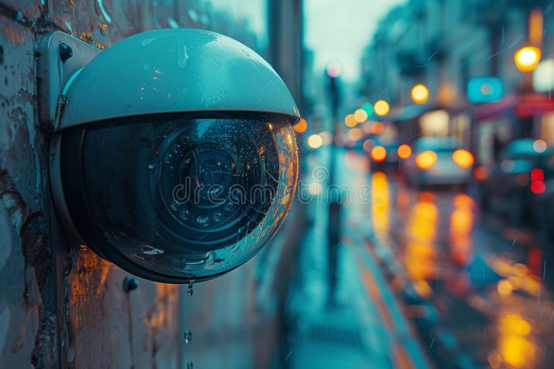 Surveillance Camera on City Street during Rainy Evening, with ...