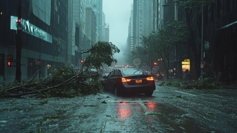 City Street Flooded during Intense Rainstorm with Fallen Tree Stock ...