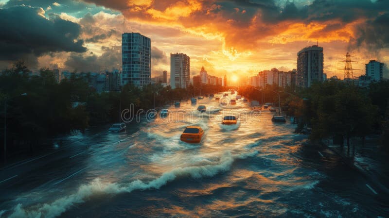 City Street Flooded Sunset Dramatic Scene Stock Photos - Free & Royalty ...