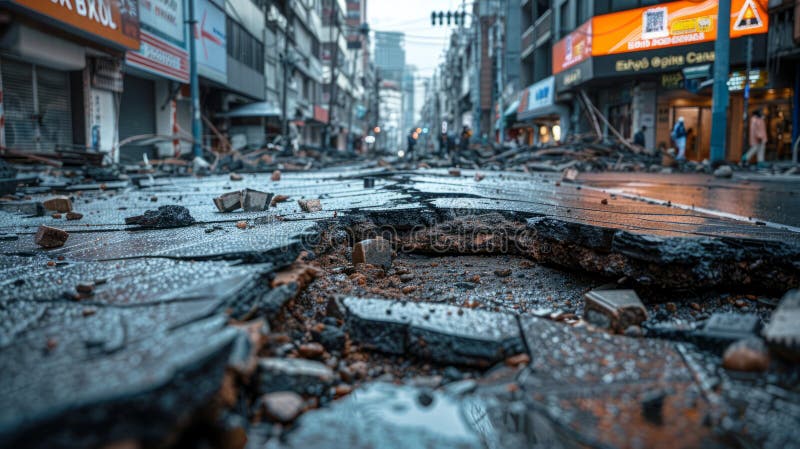 A City Street Full of Rubble and Debris after an Earthquake Stock Photo ...