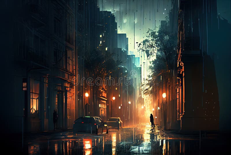 City street, heavy raning stock illustration. Illustration of rain ...