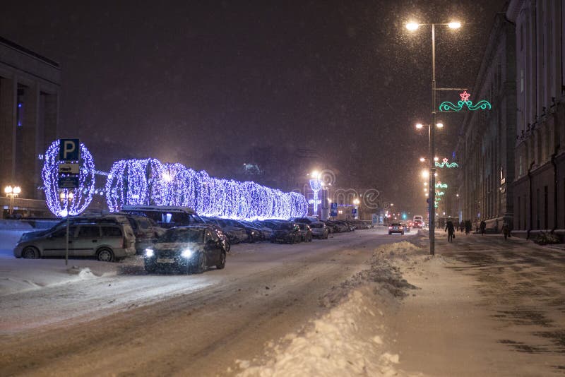 City Street during a Heavy Snow Editorial Stock Image - Image of blue ...