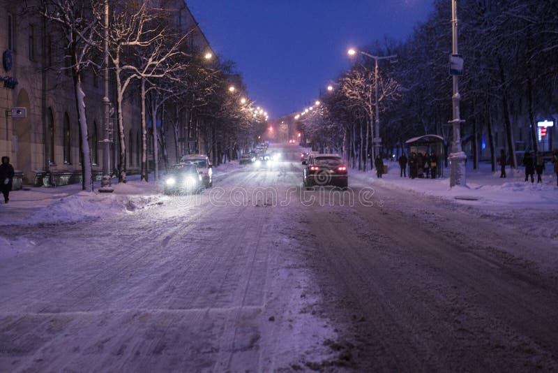 City Street during a Heavy Snow Stock Photo - Image of scene, street ...