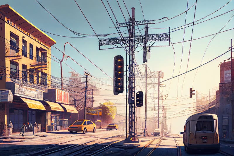 City Street Intersection with Overhead Tramway and Overhead Power Lines ...