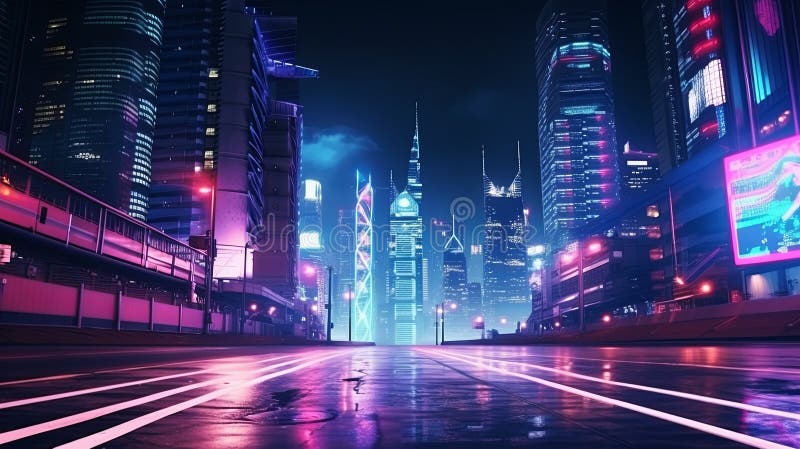 A City Street at Night with Neon Lights Stock Photo - Image of ...