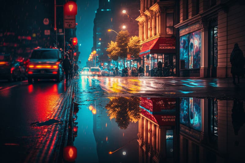 City Street at Night with Rain Puddles. Generative AI Stock ...