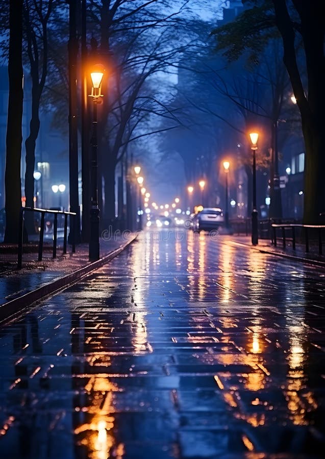 City Street by Night Under the Rain - Generative AI Stock Illustration ...